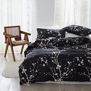 ARYURBU Floral Duvet Cover Set Queen Size with 2 Pillowcases Black, Flower Branch Printed Design, Lightweight Soft Microfiber Comforter Cover Bedding Set 3pcs with Zipper Closure and Corner Ties