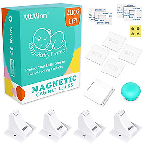 Child Safety Magnetic Cabinet Locks (4 Pack + 1 Key) - Baby Proofing Cupboard Locks with Key for Toddler-Easy Installation, Invisible