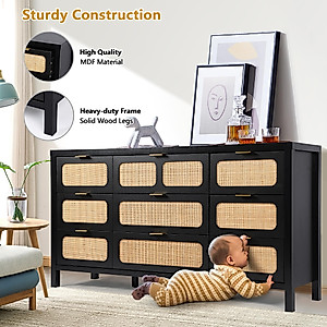 UHMUVFM 9 Drawer Dresser with Rattan Finish, Modern Farmhouse Chest of Drawers with Metal Handles, Accent Wood Storage Cabinet for Bedroom, Living Room and Kitchen (Black)