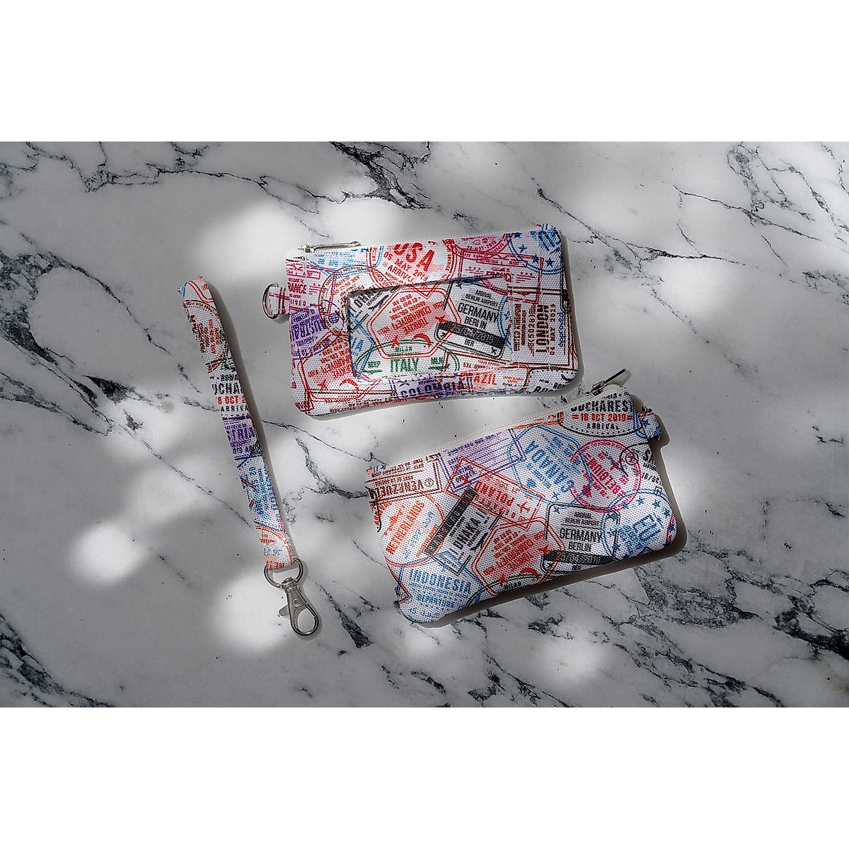 DQL Cute travel wallet, small, light and compact Visa print id holder wallet id wallet keychain id card wallet, zip id case with lanyard, Small Zipper Wallets for Women