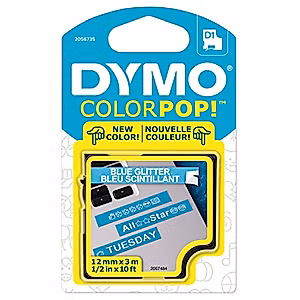 DYMO COLORPOP Authentic Label Maker Tape, 1/2" W x 10' L, White Print on Blue Glitter, D1 Standard