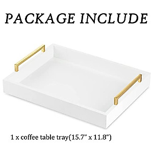 Hanobe White Decorative Trays for Coffee Table MDF Large Ottoman Tray for Living Room Bathroom Coffee Bar Decor Modern Tray with Gold Handles (White, 1)
