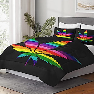 Pinbeam Comforter Set Queen Size, Rainbow Leaf Gay Pride Bedding Set for Kids and Adults Bedroom Decor, Love Women Teenage Comforter Set and 2 Pillow Cases