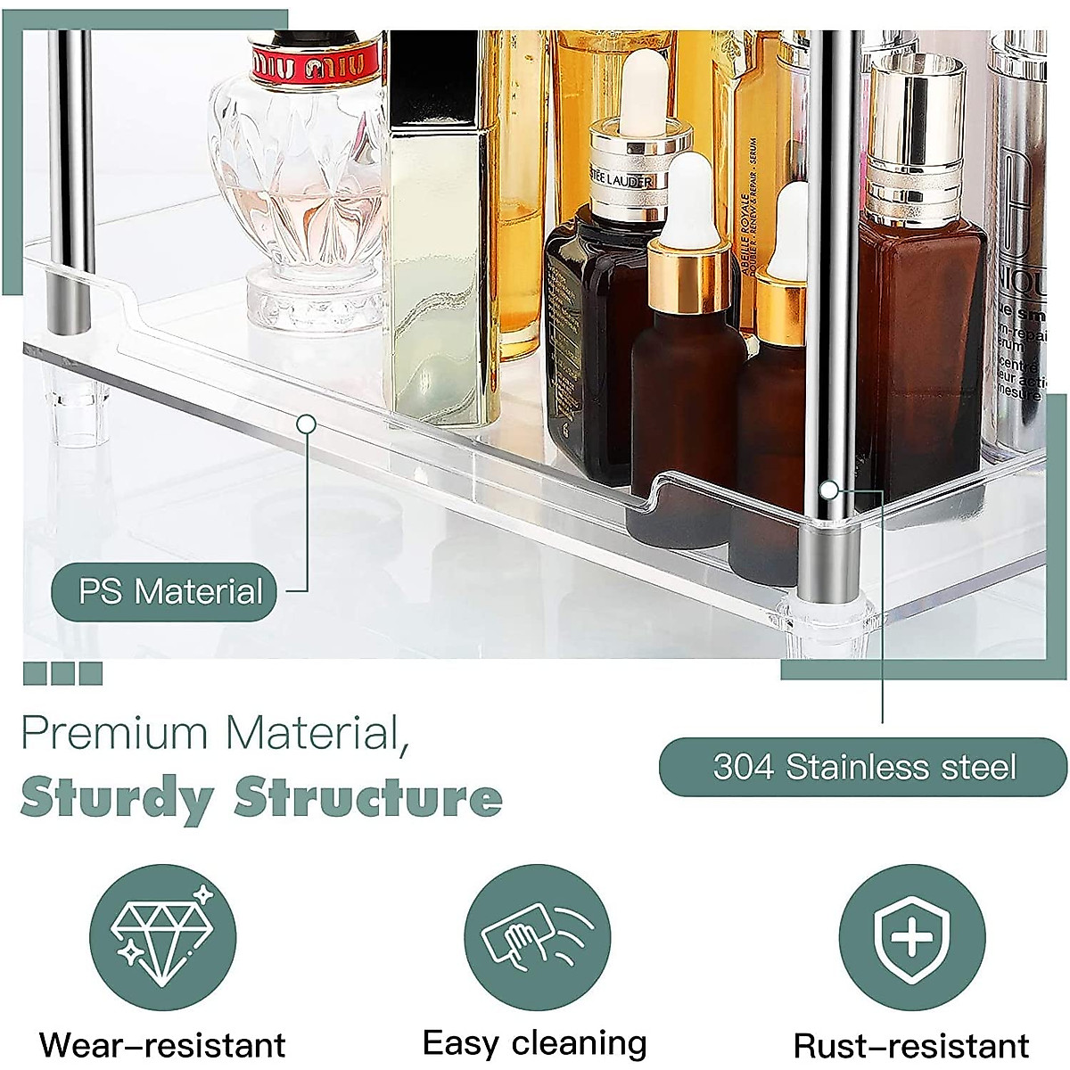 Elebac Bathroom Organizer Countertop Storage 2-Tier Acrylic Vanity Tray, Sink Counter Dresser Makeup Organizer for Cosmetic Skincare Lotion Perfume, Multi-Functional Anti-Slip Organizer for Bathroom