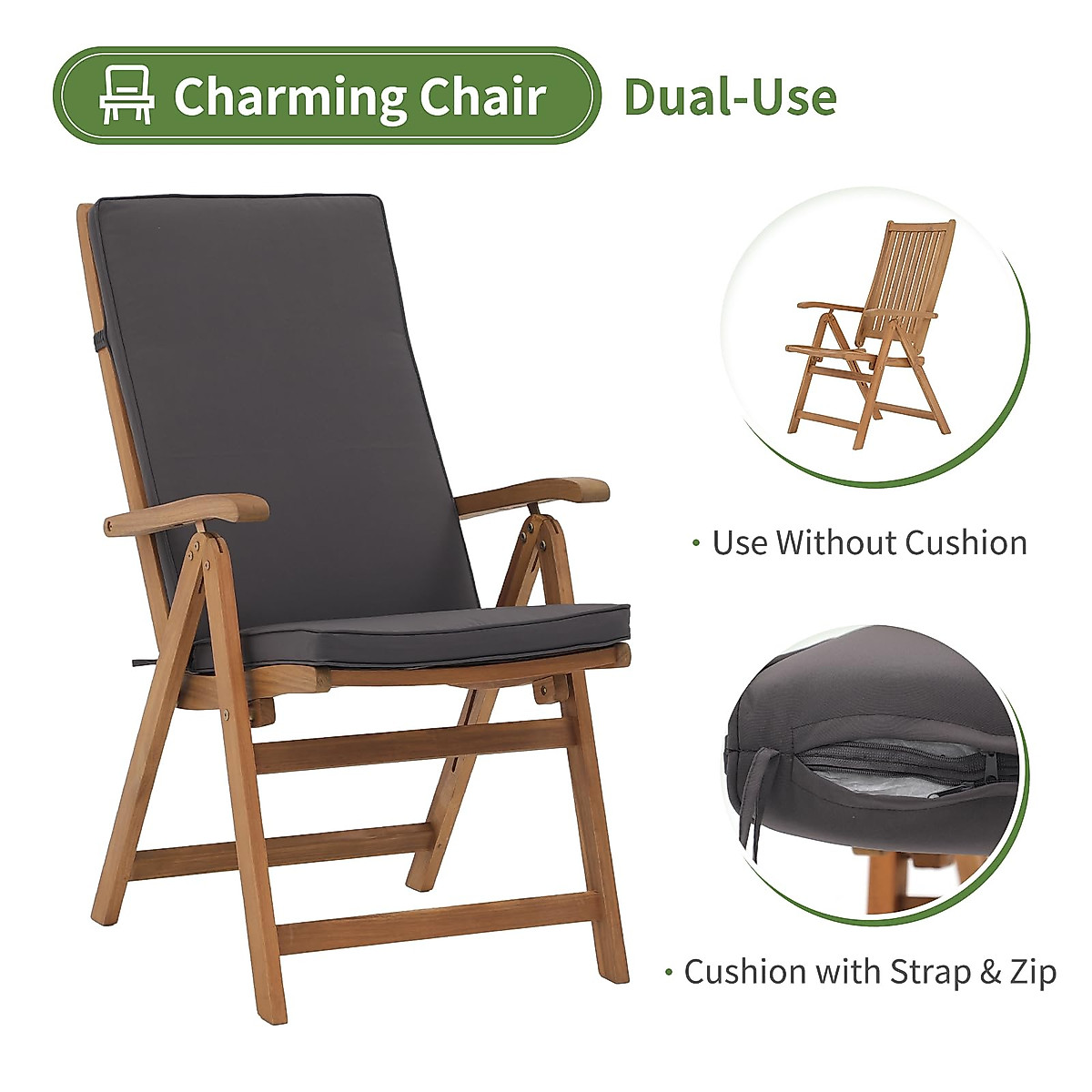 OC Orange-Casual Folding Patio Dining Chair Set of 2, Outdoor Acacia Wooden Reclining Chair w/Armrest & Removeable Cushion, FSC Certified Wood, for Porch, Backyard, Garden, Indoor, Dark Grey