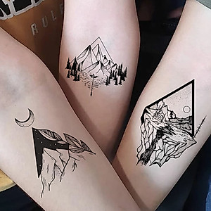 GOROMON 52 Sheets Small Black Mountain Temporary Tattoos For Men Women Adult, Geometric Sea Weave Forest Pine Tree Realistic Tattoo Sticker For Kids Children, Moon Sun Star Triangle Tatoos Outer Space