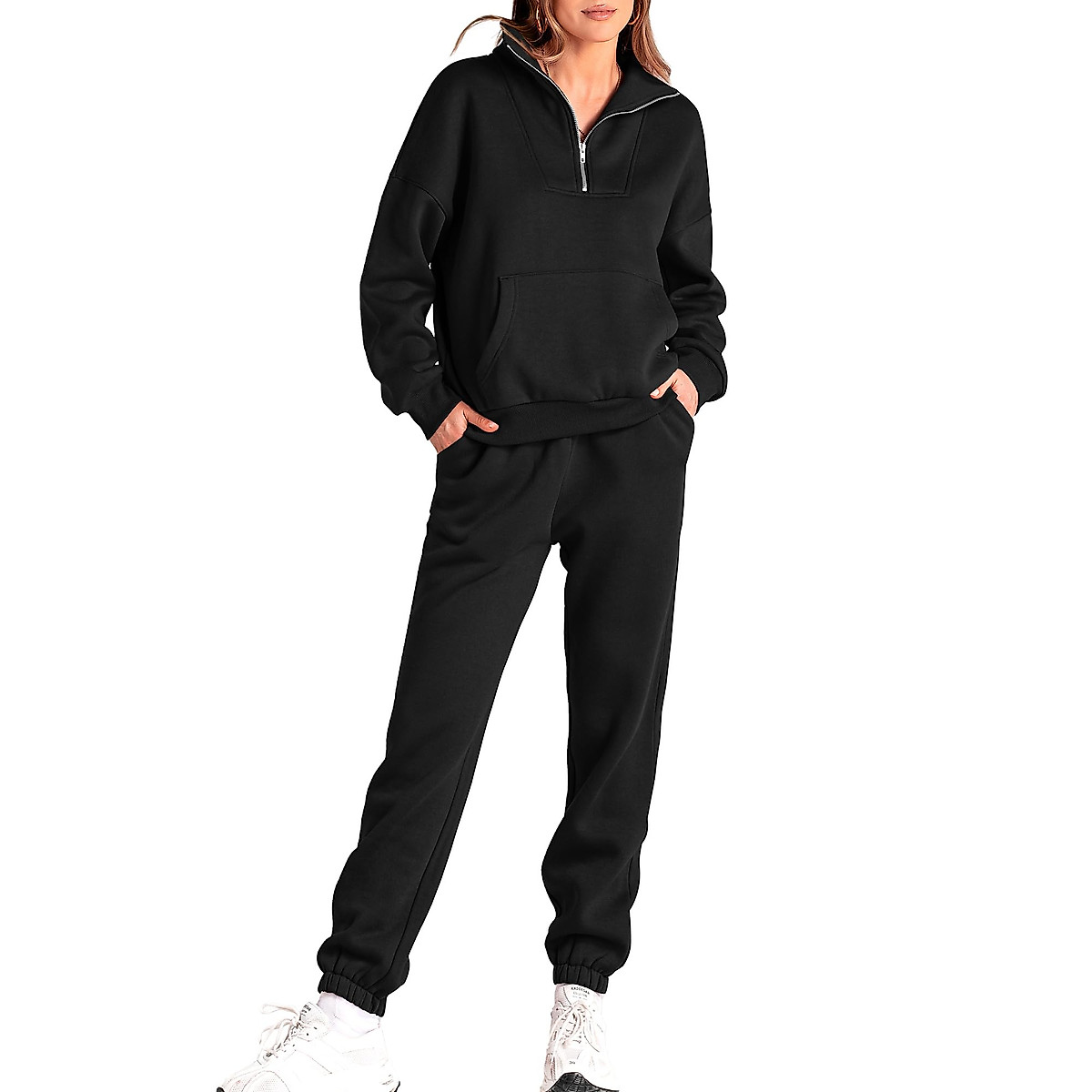 BTFBM Women 2 Piece Tracksuits Fall Winter 1/4 Zip Sweatshirt Jogger Pants Matching Lounge Sets Thick Sweatsuits Pockets(Solid Black, Large)