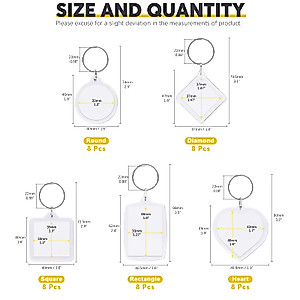 Mardatt 40Pcs Clear Acrylic Blank picture Photo frame keychain Personalized photo insert keychain bulk, Rectangle, Heart-Shaped, Round, Square and Rhombus Great for Personalized Keychains DIY Gift