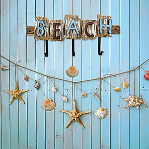 Aecipl Wooden Wall Hooks Nautical Decor Hanging Letters Sign Beach Themed Coat Towel Hook for Bathroom Bedroom Pool Wall Mounted Decorative Key Holder (Beach)
