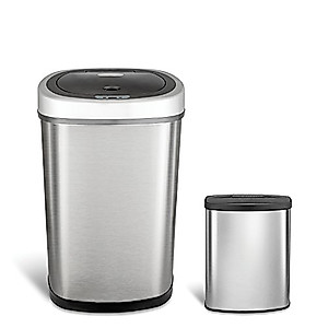 NINESTARS CB-DZT-50-9/8-1 Automatic Touchless Infrared Motion Sensor Trash Can Combo Set, 13 Gal 50L & 2 Gal 8L, Stainless Steel Base (Oval & Rectangular, Silver/Black Lid)