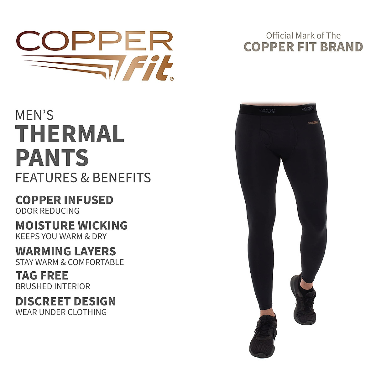 Copper Fit Men's Copper Infused Thermal Pant Base Layer, Black, Small