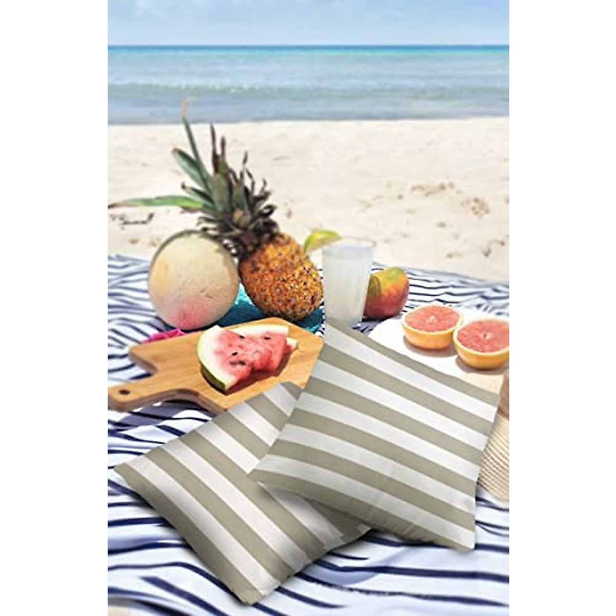 Beige Geometry Stripe Farm House Outdoor Throw Pillow Covers Cases for Patio Furniture Set of 2, Rustic Contemporary Waterproof Decorative Lumbar Pillowcases for Couch Garden Tent Balcony 20x20 Inch