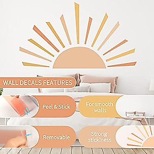 ECam Half Sun Wall Decal, Boho Decals, Sunshine Large Stickers, Vinyl Peel and Stick Stickers for Kids Bedroom Nursery Playroom Classroom Decor (59 x 34 inch)