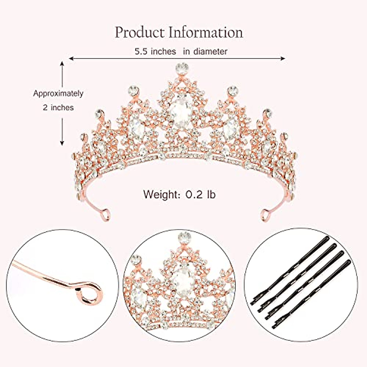 SuPoo Rose Gold Crown Tiaras for Women Birthday Crown Wedding Tiara Crystal Princess Quinceanera Crown Queen Tiara Headband Rhinestone Gems Party Decoration for Prom Halloween Christmas