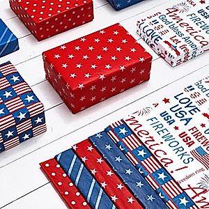Whaline Patriotic Tissue Paper Folded Flat Blue Red Stars Stripe Tissue Paper 4th of July Wrapping Paper Holiday Art Tissue for Independence Day DIY Gift Packing Party Favor, 14 x 20 Inch, 90 Sheet