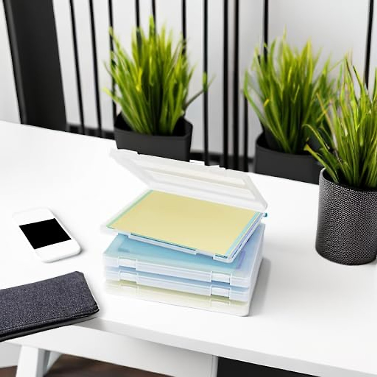 Denkee 4 Pack A4 File Portable Project Case, Plastic Storage Box for 8.5" x 11" Letter A4 Paper, Documents Magazines Paper Protector, Office School Supplies Accessories Storage Organizer Boxes (12.2 x 8.9 x 0.71 in)