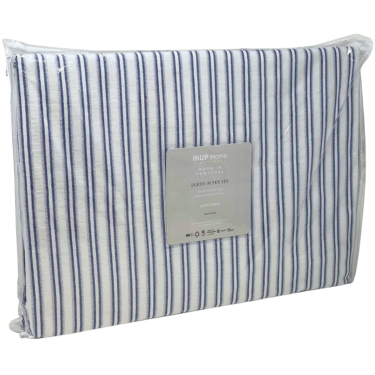 INUP Home 100% Cotton Made in Portugal 3 Piece Duvet Set Matelasse French Country Multi Colors Stripe Solid on White Background (Double Blue Stripes, Queen (U.S. Standard))