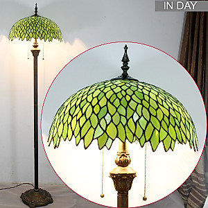 WERFACTORY Tiffany Floor Lamp Green Wisteria Stained Glass Standing Reading Light 16X16X64 Inches Antique Style Pole Corner Lamp Decor Bedroom Living Room Home Office S523 Series