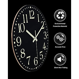JoFomp Wooden Glow in The Dark Clock, 12 inch Silent Non-Ticking Battery Operated Clock, Energy-Absorbing Luminous Numerals and Hands, Lighted Wall Clock Decoration for Bedroom Living Room
