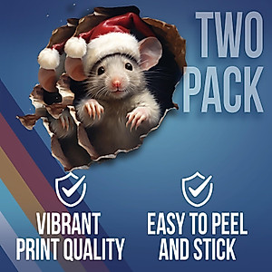 Santa Mouse Christmas Hole in Wall Sticker - Cute Hole in Wall 3D Holiday Decor Peel and Stick Sticker - Premium Quality Vinyl Bumper Stickers 2-Pack | 5-Inch on Widest Side | Made in USA FHJ1394