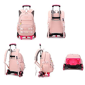 MITOWERMI Girls Rolling Backpack for School Boys Wheeled Backpacks for Women Kids Trolley Bags Pink Roller Bookbag for Elementary Middle Students