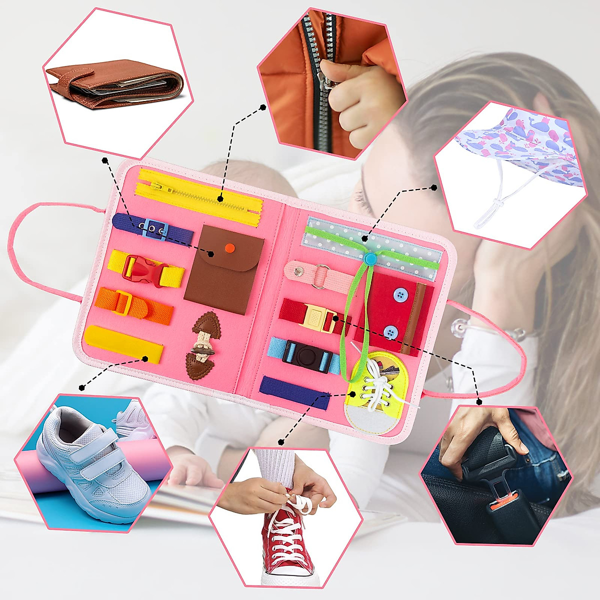 Busy Board Montessori Toy for 1 2 3 4 Year Old Toddlers Sensory Activity Board for Basic Dress Fine Motor Skills Travel Toys with Handle for Kids Car Rides Air Plane Travel Preschool Play(Pink)