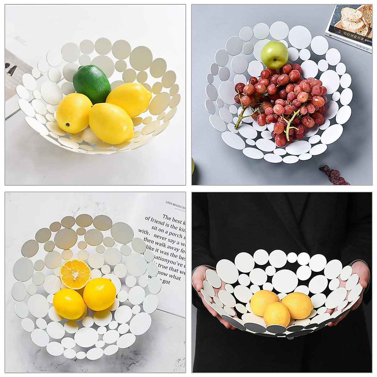 OwnMy Metal Fruit Bowl Basket Creative Table Centerpiece Fruit Stand Decorative Countertop Fruit Holder for Kitchen Counter, Iron Large Fruit Plate Round Storage Tray for Bread Snacks Candy (White)