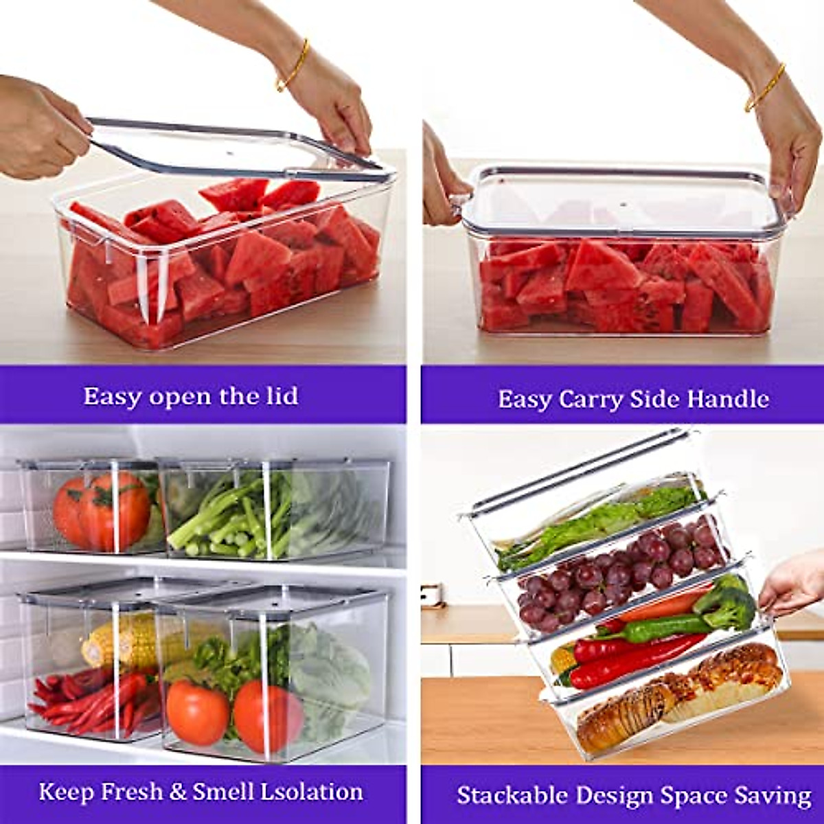 Refrigerator Bins with Lids,LIHABILAL Stackable Clear Refrigerator Organizer Bins,Airtight Large Plastic BPA Free Food Storage Containers with Handles,for Fridge, Freezer, Kitchen