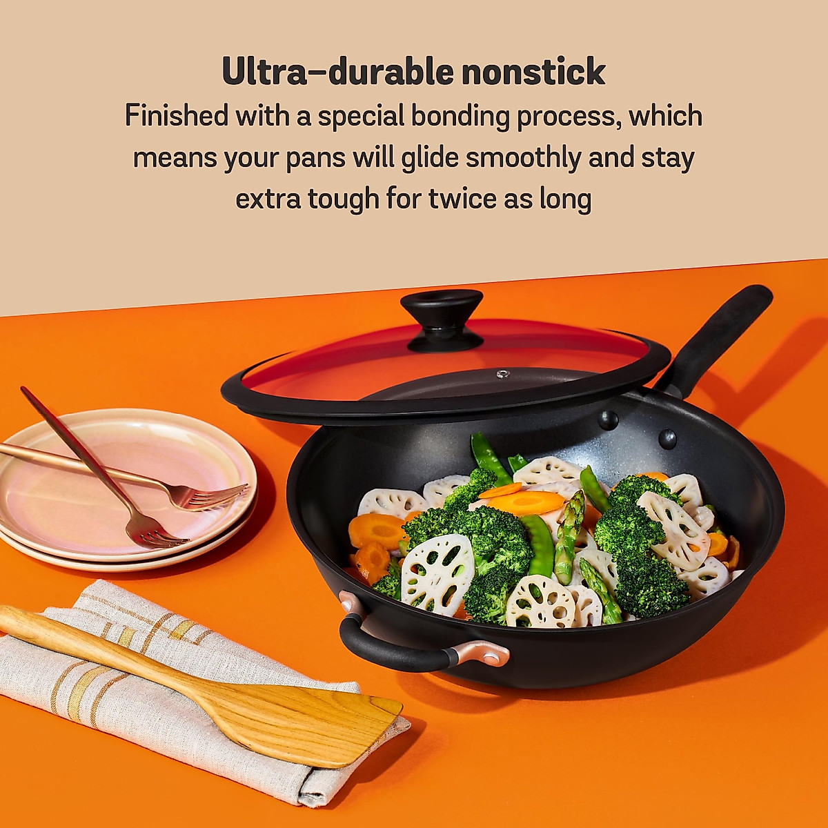 Meyer Accent Series Hard Anodized Nonstick Stirfry/Wok with Helper Handle and Glass Lid, 12.75 Inch, Matte Black