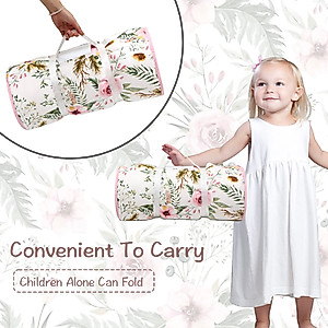 Dad-Baby Toddler Nap Mat with Removable Blanket and Pillow, Extra Large Rolled Napping Mats,Toddler Sleeping Bag,Kids Sleeping Bag for Daycare,Nap Mats for Preschool(Flower Pattern)