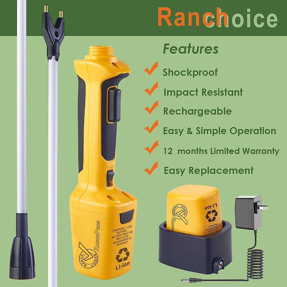 RANCH CHOICE Rechargeable Livestock Prod for Cows Electric Cattle Prod for Cow Dog prod Animal prod with Flexible Shaft (Total 43 INCH)