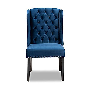 Baxton Studio Lamont Modern Contemporary Transitional Navy Blue Velvet Fabric Upholstered and Dark Brown Finished Wood Wingback Dining Chair