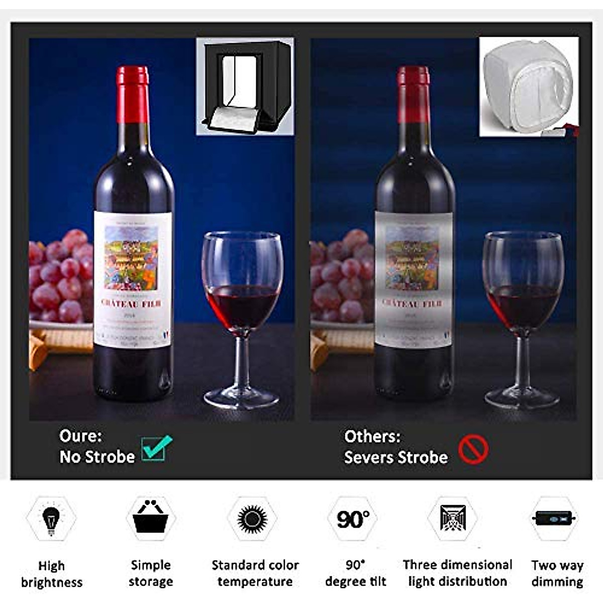 DUCLUS Portable Photo Studio Box 24" x 24", Adjustable Light Box with 120pcs SMD LED Beads, Photo Shooting Tent with White Light and 6 Color Background