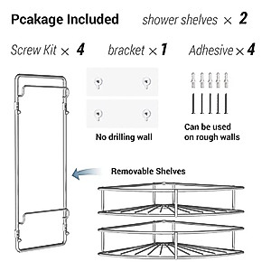 GeekDigg 2 Pack Corner Shower Caddy, Adhesive Shower Shelves, Wall Mounted Stainless Steel Shower Shelf for Inside Shower, Bathroom, Toilet, Kitchen and Dorm- No Drill Install, Silver