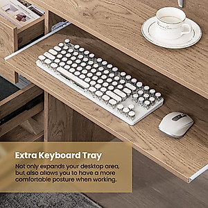 Tangkula Computer Desk with 3 Storage Drawers & Built-in Charging Station, Home Office Desk with Keyboard Tray, PC Desk Study Writing Desk, Vanity Table for Bedroom, Computer Workstation (Natural)