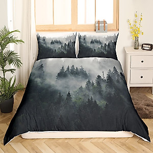 Feelyou Smoky Mountain Bedding Set for Adults Trees Natural Scenery Art Comforter Cover Set Nature Lover Gift Room Decorative Duvet Cover Foggy Scenic Bedspread Cover Queen Size 3Pcs Bedclothes