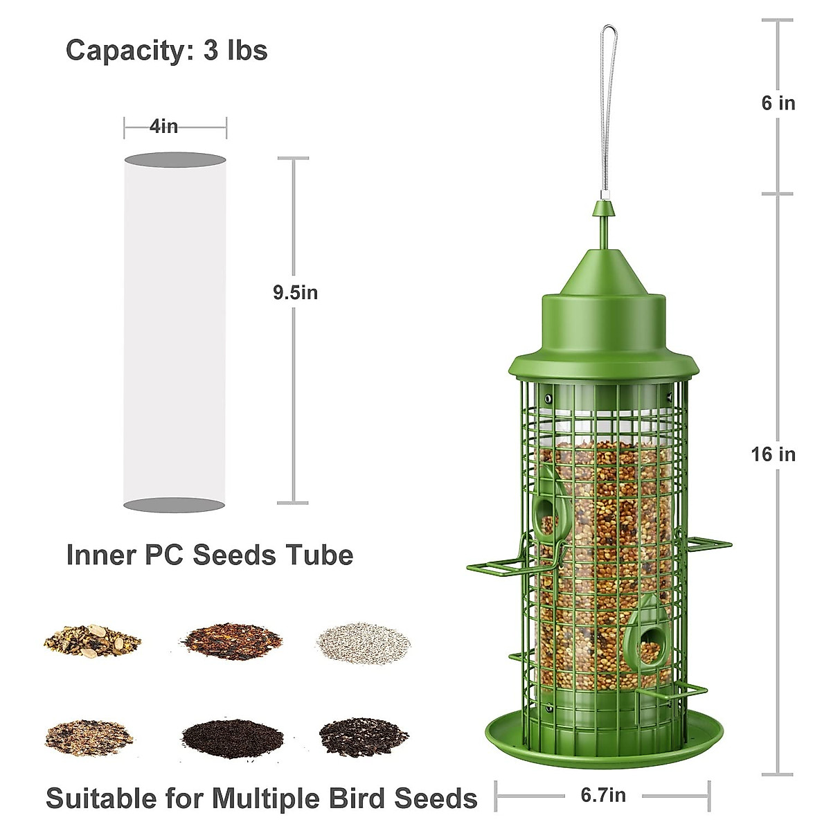 Bird Feeders for Outdoors Hanging, Squirrel Proof Wild Bird Feeder for Outside, Metal Hanging Bird Seed Feeders for Cardinal, Finch, Sparrow, Blue Jay, 3LBs, 4 Ports, Chew-Proof, Weather-Resistant