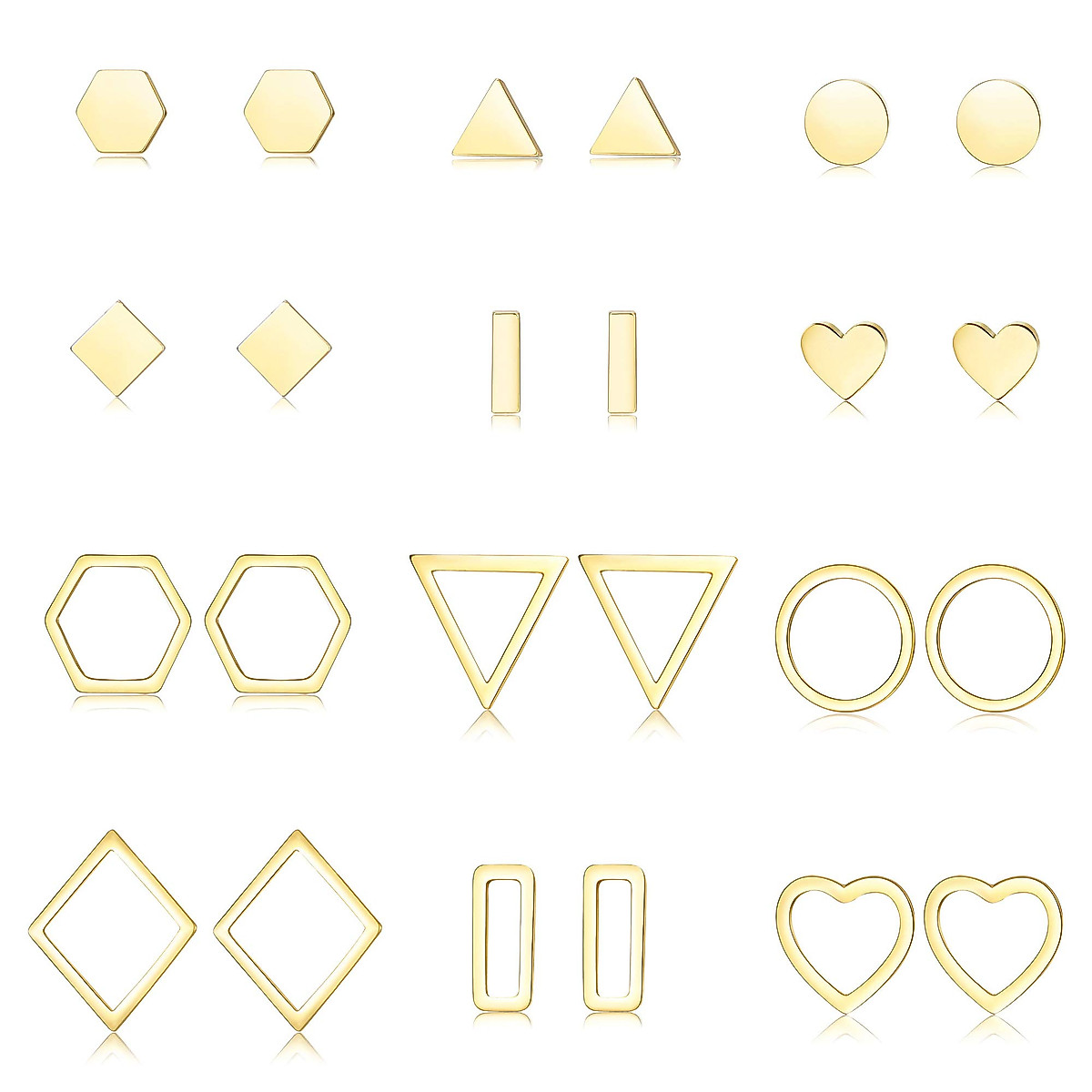 JOERICA Gold Tone Geometric Minimalist Stud Earrings for Women Simple Rhombus Hexagon Triangle Bar Heart Circle Earrings Set