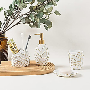 Ethlomoer Bathroom Accessory Set, 4 Pieces White&Gold Bathroom Accessories with Soap Dispenser and Toothbrush Holder Set, Boho Bathroom Accessories, Gift for Women and Men