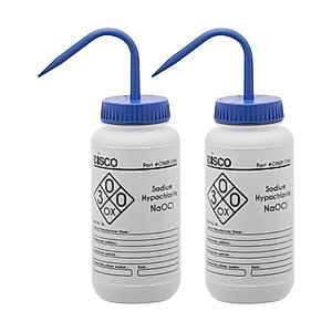 EISCO 2PK Wash Bottles for Sodium Hypochlorite (Bleach), 500ml - Labeled with Chemical Information & Safety Information (1 Color) - Performance Plastics Labs