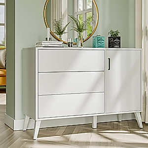 SEJOV White Dresser for Bedroom, 3-Drawer Chest Wood Dresser with Door, Wide Storage Space, Drawer Press Control Design, Large Storage Cabinet for Bedroom Living Room Hallway Entryway