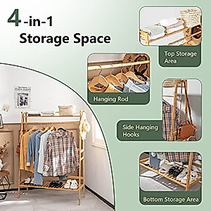 GOFLAME Bamboo Garment Rack, Heavy Duty Clothes Rack w/Top Shelf, Hanging Rod, Shoe Storage Shelf, Side Hooks, Freestanding Coat Rack, Clothing Storage Organizer for Bedroom Living Room