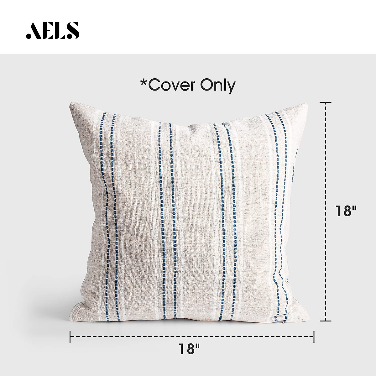 AELS 18x18 Decorative Farmhouse Linen Throw Pillow Covers, Boho Textured Pillow Case, Set of 2,Beige with White & Navy Blue Stitch Yarn Dyed Stripe Cushion Cover for Sofa Couch Living Room(Cover ONLY)