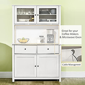HOMCOM 63.5" Kitchen Buffet with Hutch, Pantry Storage Cabinet with 4 Shelves, Drawers, Framed Glass Doors, Open Microwave Countertop, Antique White