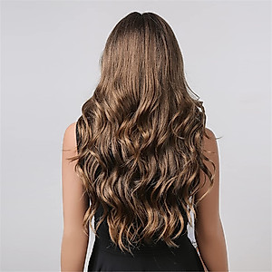 BERON Brown Wig Long Wavy Wig Brown Wigs for Women Long Curly Wig Brown with Dark Roots Synthetic Hair Wave Wigs with Dark Roots Wig Cap Include