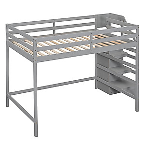 Bellemave Full Loft Bed with Stairs Wooden Loft Bed Frame with Storage Bookcase and Wardrobe Gray Loft Beds for Kids Boys Girls Teens Dorm Bedroom, Full Size