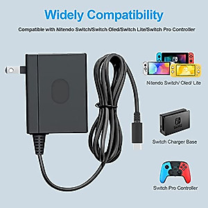 Fast Charger for Nintendo Switch, USB C Type C Power Adapter Compatible with Nintendo Switch/Switch Lite/Switch OLED/Switch Dock, 15V/2.6A Supports TV Mode and Dock Station