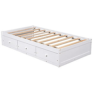 BOVZA Twin Size Platform Storage Bed with 3 Drawers, Wood Daybed Frames for Kids Teens Adult, for Living Room Bedroom Guest Room, No Box Spring Needed, White