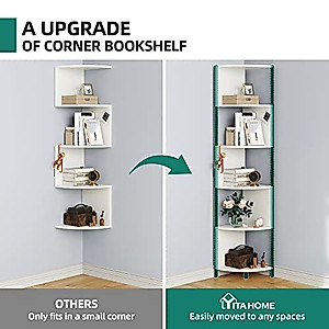YITAHOME 6-Tier Corner Shelf, 68.8" Tall Modern Free Standing Zigzag Corner Bookshelf, 6 Shelf Display Corner Bookcase Open Small Book Shelves for Living Room, Home Office, Small Space, White