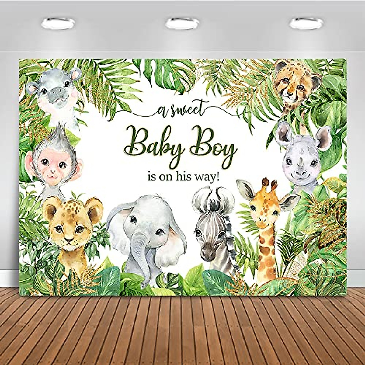 Mocsicka Safari Baby Shower Backdrop Jungle Animals Baby Shower Background Zoo Animals Boy Baby Shower Party Cake Table Decoration Banner (7x5ft)
